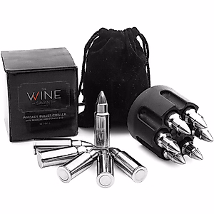 Whiskey Stones Bullets Stainless Steel - 1.75in Bullet Chillers Set of 6 Inside Realistic Revolver - Freezer Base, Made w/Premium Stainless Steel, Large Reusable Chilling Ice Cube, Good for Whiskey