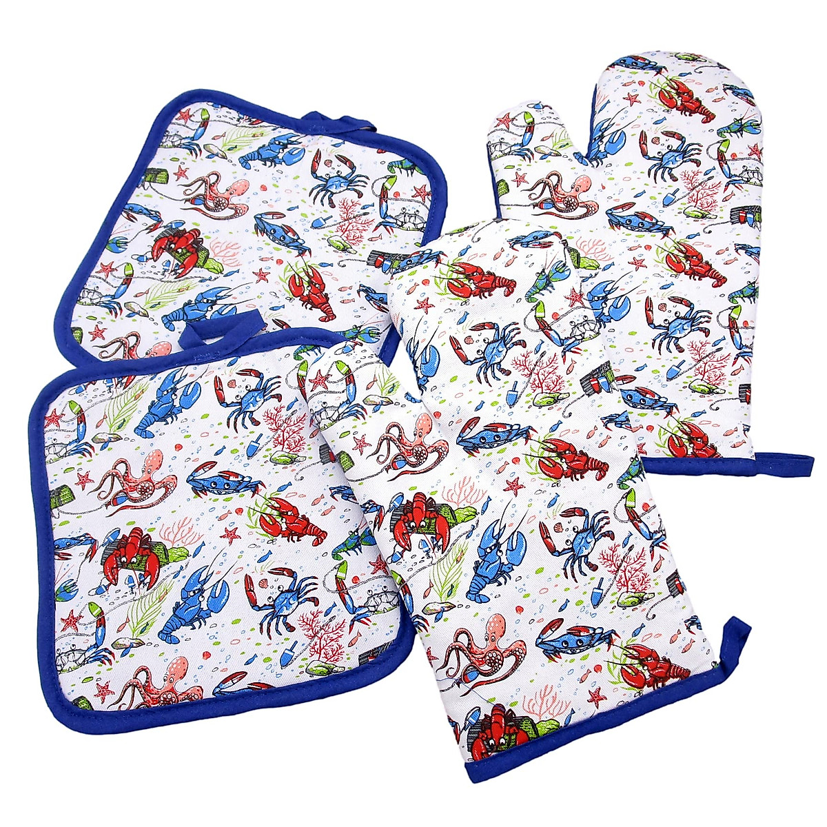 Nautical Kitchen Gift Set: Pot Holders and Oven Mitts (Sealife - Lobsters, Crabs, Octopuses)