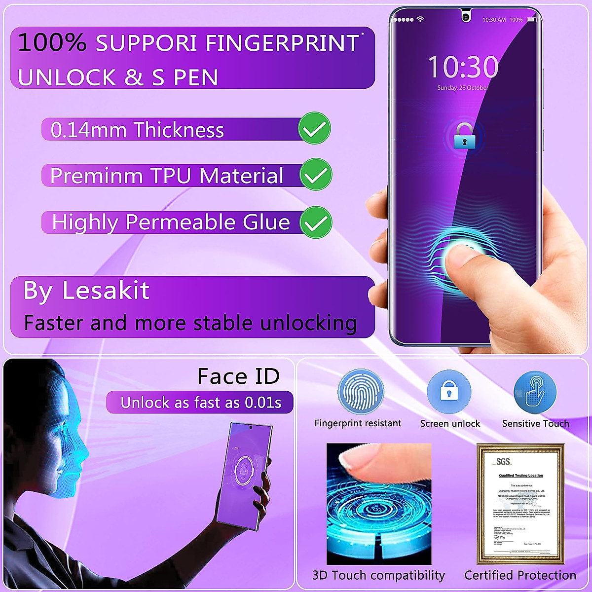 Lesakit 2 Pack Anti-Blue Light Privacy Screen Protector for Galaxy S20 Plus [Not Glass], [Support Fingerprint ID] Anti Spy TPU Flexible Film for Samsung Galaxy S20 Plus 6.7 inch - Purple
