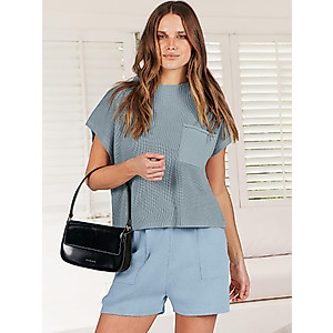 ANRABESS Women's Two Piece Summer Outfits Knit Sweater Short Sets Pullover Tops & Shorts Lounge Matching Clothes Set Sky Small