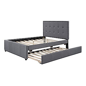 RUNWON Full Size Linen Upholstered Platform Bed with Headboard and Trundle for Bedroom Living Room, Space Saving Design, Grey