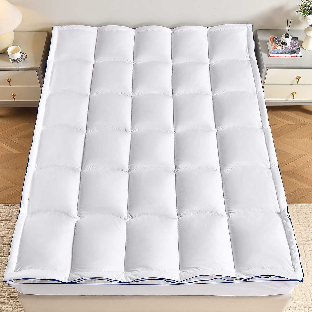 Cosmoluxe Mattress Topper Queen (80"x60"), 2 Inch Pillowtop Mattress Topper for Back Pain, Down Alternative Mattress Pad Cover with 8~21 Inch Deep Elastic Pocket, Navy Piping