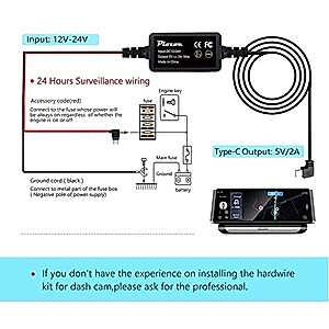 Dash Cam Hardwire Kit,USB C Hard Wire Kit Fuse for Dashcam, Plozoe 12V-24V to 5V Car Dash Camera Charger Power Cord, Gift 4 Fuse Tap Cable and Installation Tool（11.5ft）