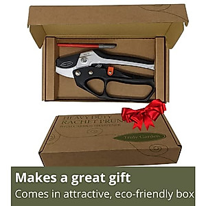 Heavy Duty Ratchet Pruner with Carbide Sharpener and Oil Sponge. These anvil style pruning shears double your cutting strength. Great for seniors or anyone with thick branches to cut. By Truly Garden