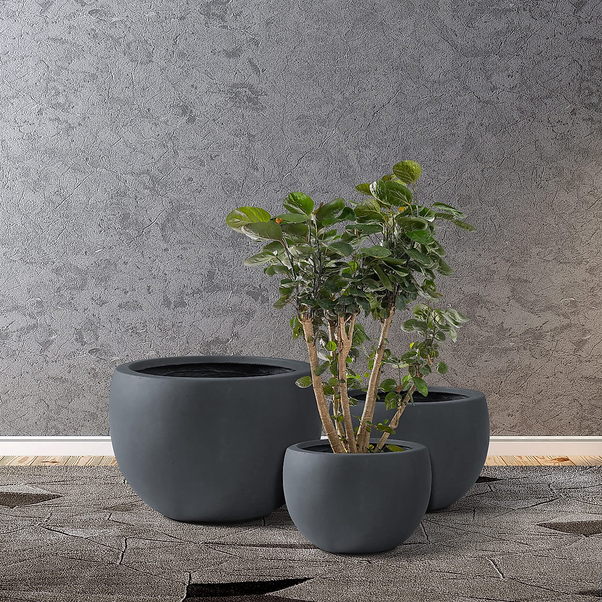 Kante 19.9",15.7",11.8" Dia Round Concrete Planter Set of 3, Outdoor/Indoor Large Bowl Plant Pots with Drainage Hole and Rubber Plug for Garden Patio Balcony Home, Charcoal