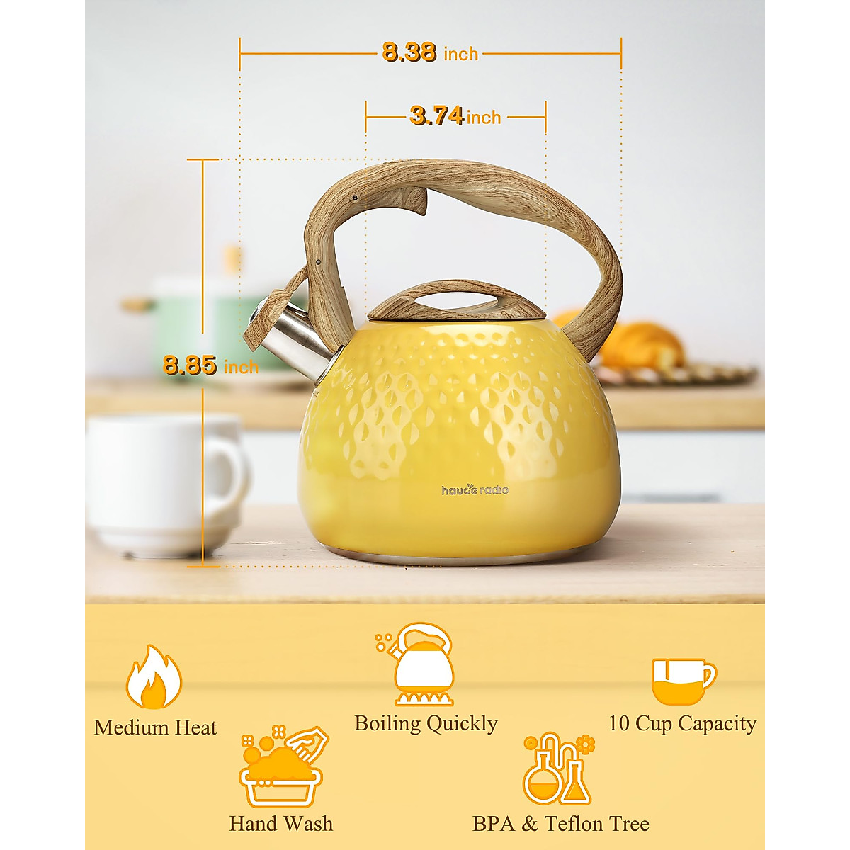 Tea Kettle, Stovetop Teapot, 2.5 Quart, Loud Whistle, Food Grade Stainless Steel and Smooth Wood Pattern Handle, Sophisticated Look for Hiking, Picnic, for Tea, Coffee, (Yellow)