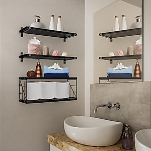 TJ.MOREE Bathroom Shelves Over Toilet Floating Shelves for Wall Rustic with Toilet Paper Wire Basket, Farmhouse Floating Shelf for Bedroom, Living Room, Kitchen, Wall Decoration (Black)