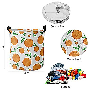 Laundry Basket Fall Orange Farm Fruit Harvest,Waterproof Collapsible Clothes Hamper Watercolor Green Leaf White Back,Large Storage Bag for Bedroom Bathroom 16.5x17in