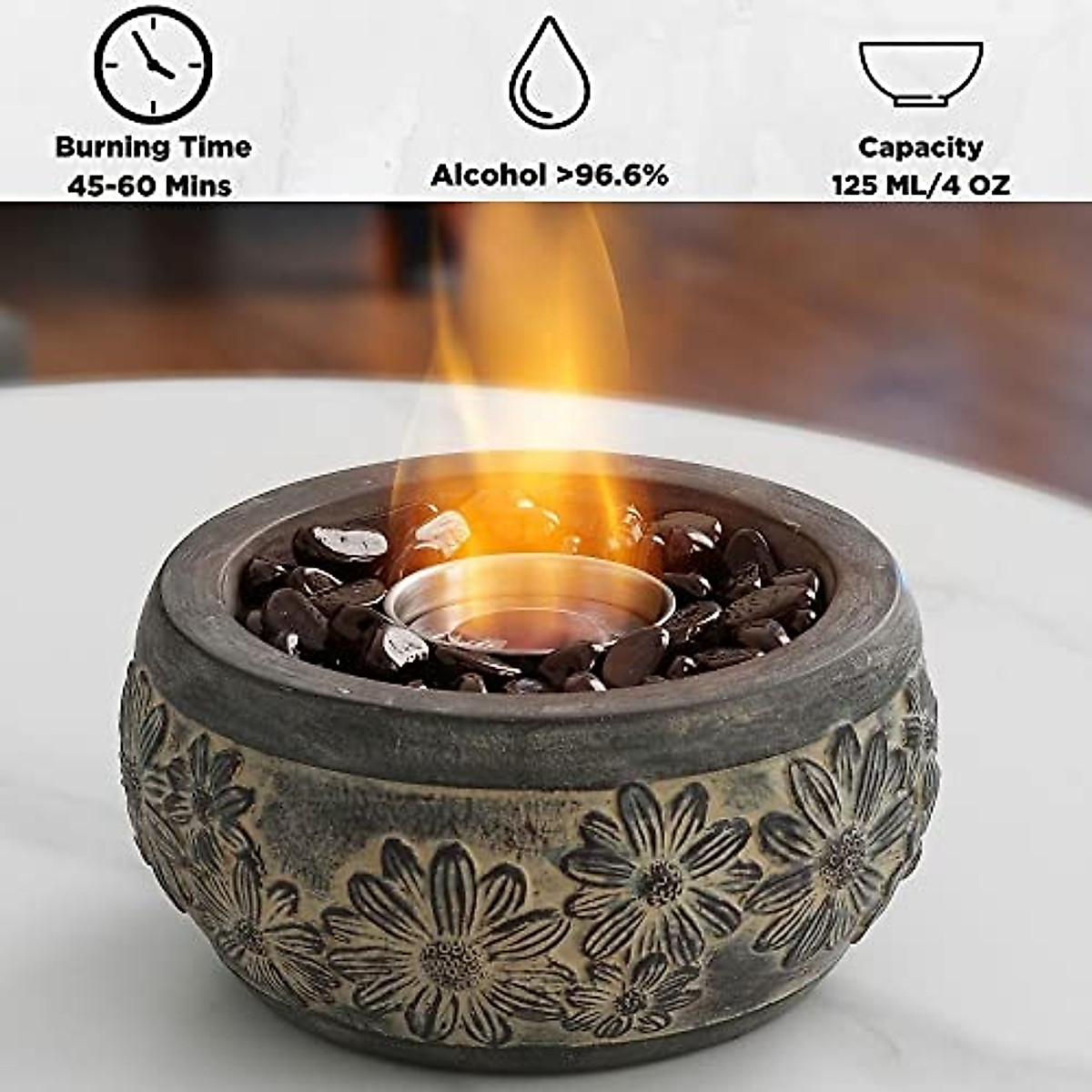 TURBRO Retro Cement Tabletop Fire Pit for Outdoor - Ventless Fire Bowl, Odorless, Smokeless - Fueled by Ethanol Alcohol - Antique Gray