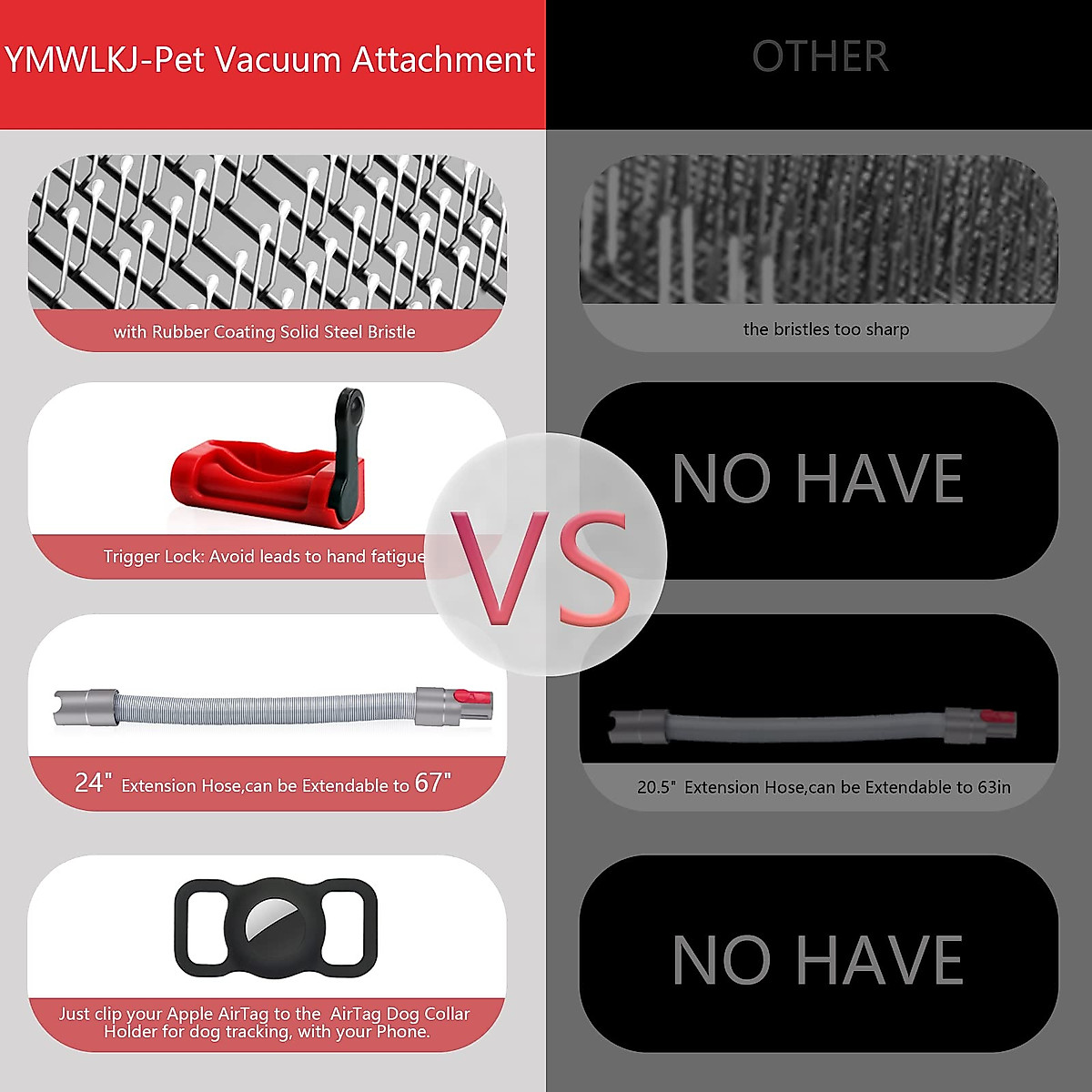 Groom Tool Attachments Brush with Trigger Lock & 24in Extension Vacuum Hose,Pet Dog Grooming Brush Compatible with Dyson V7 V8 V10 V11 V12 V15 Vacuum-4Pcs