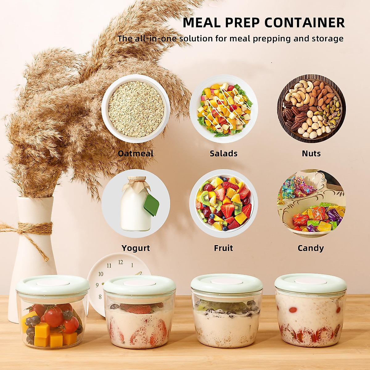 Tourdeus Pop Airtight Oatmeal Container- Set of 4, Tritan Overnight Oats Containers Chia Pudding Jars with Lids, 14OZ Oatmeal Container to Go, Microwavable and Dishwasher-Safe, Green
