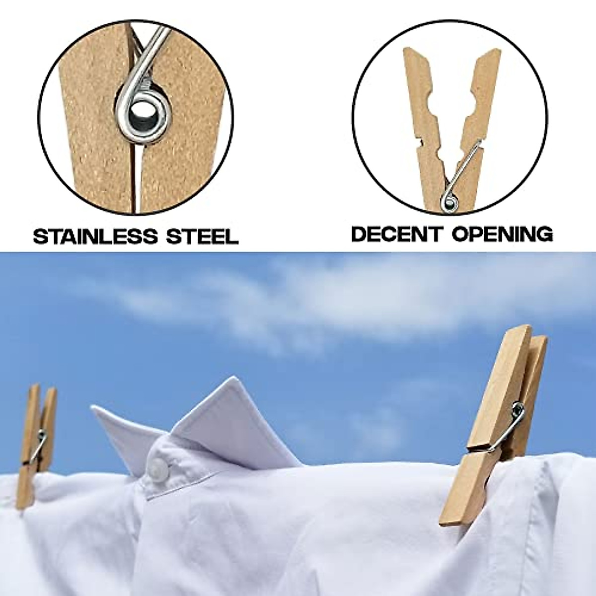 blacksheep Zenia Pegs Clothes Pins Heavy Duty Outdoor with Spring, Wooden Clothespins for Crafts and Hanging Clothes on Clothesline Laundry, 2.8 inch, Pack of 50, Brown, 00-02