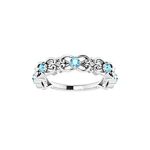 Solid 925 Sterling Silver Aquamarine and .02 Cttw Diamond Vintage-Inspired Scroll Ring Band (Width = 80mm) - Size 7.5
