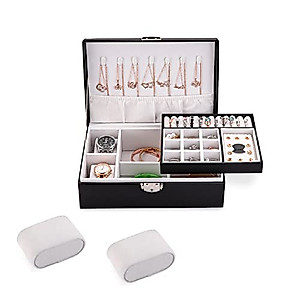 Mens Jewelry Box Watch Case Watch Holder Watch Organizer for Men 2 Layers Travel Jewelry Box Organizer with Lock Travel Jewelry Case PU Leather Jewelry Storage for Watch Necklace Ring Earring (Black)