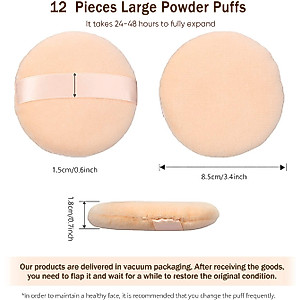 12 Pieces Cotton Powder Puffs Round 3.4 inch Makeup Puffs Pads with Strap, Washable Large Face Body Powder Puffs for Loose Mineral Powder (Champagne-colored, 3.4 Inch)