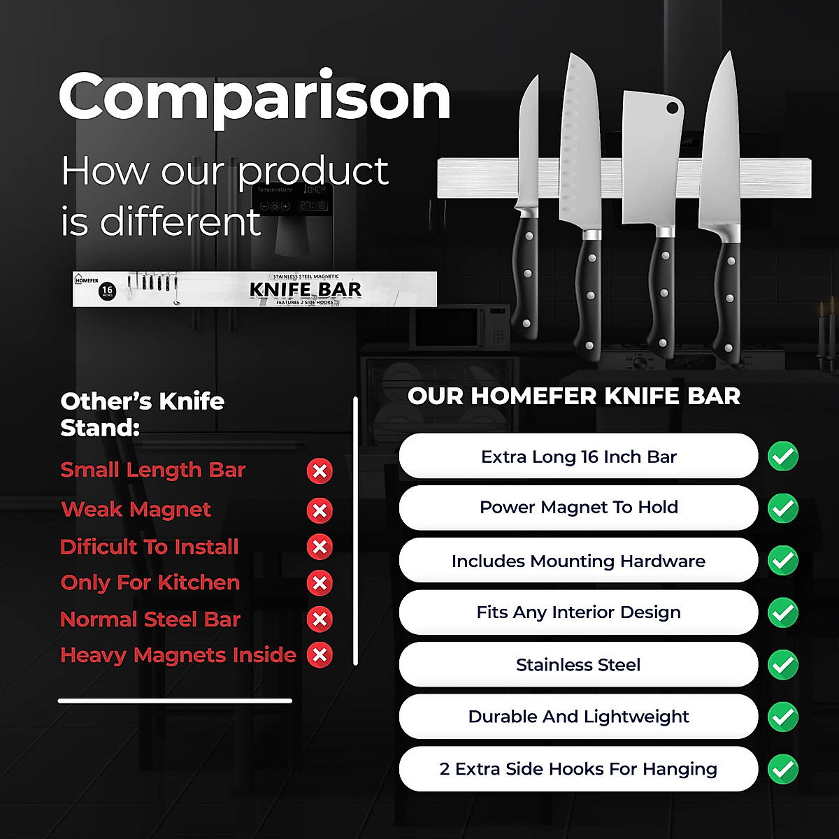 Homefer Magnetic Knife Holder for Wall - 15.7 inches - Stainless Steel Multifunctional Magnetic Strip for Organizing Kitchen Utensils - Glue, 2 Side Hooks & Foam Adhesive Strip Included - No Drilling!