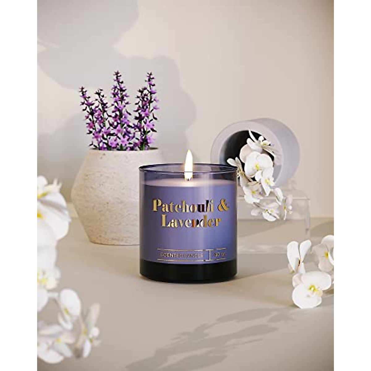 RAKLE Candles for Home Scented – Patchouli Lavender Scented Candle 7.4 oz – Premium Soy Wax Blend Candle Jar with Lid for Home, Meditation, Aromatherapy – Delightful Long Lasting Scents