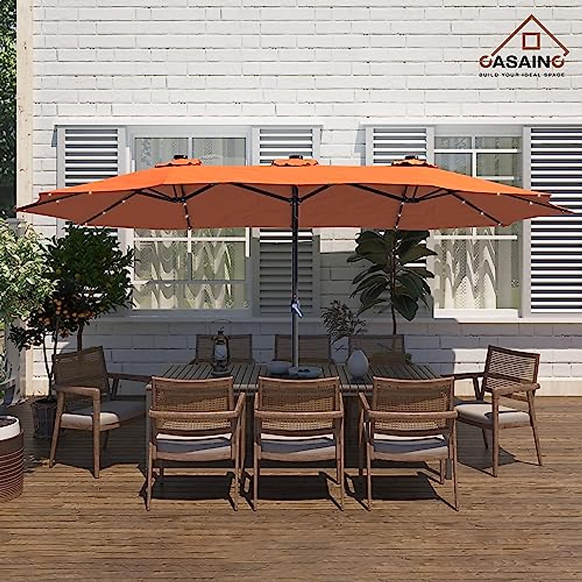CASAINC 15 FT Solar LED Patio Umbrella with Base Double-Sided Extra Large Outdoor Umbrella Market Rectangular Twin Umbrella w/Crank for Garden Deck Lawn Pool Backyard-Orange (with Lights)