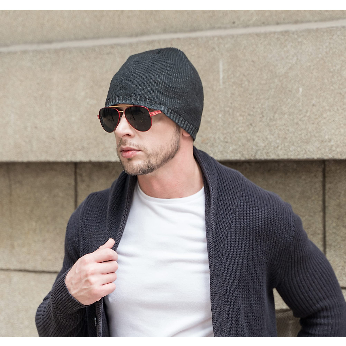 ZLYC Men Fashion Knit Fisherman Beanie Hat Winter Warm Thick Skull Cap (Plain Black)