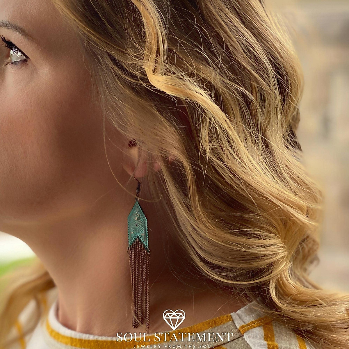 Soul Statement Western Jewelry for Women: Nashville Boho Earrings, Teal Copper & Long Bronze Tassel Chains, Country Concert and Festival Accessories