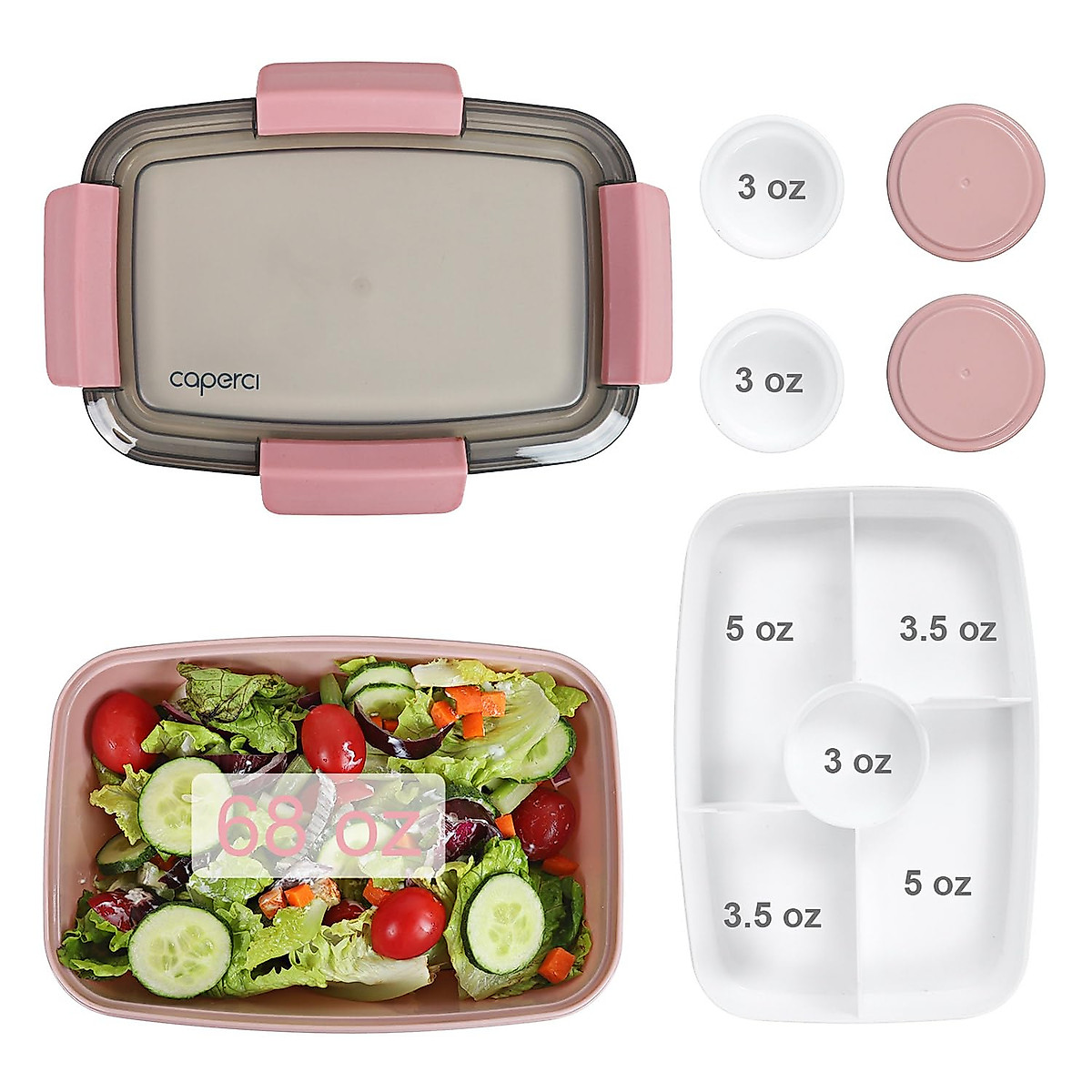 Caperci 2 Pack Large Salad Container for Lunch - 68 oz Salad Bowls To Go, Leakproof Bento Box Adult with 5 Compartments Tray, 4pcs 3-oz Sauce Cups, Reusable Spork & BPA-Free (Navy & Pink)