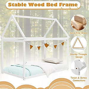 KOMFOTT Twin House Bed Frame for Kids, Solid Wood Kids Platform Floor Bed with Roof & Multiple Slats, Toddler Floor Tent Bed Frame for Girls Boys, No Box Spring Needed (White)