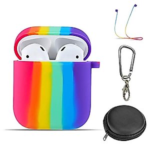 V-liams Airpods Case, Rainbow Silicone Soft Protective Case with Keychain, Earphone Storage Case, Rainbow Silicone Earphone Anti-Lost Lanyard for Airpods 2&1