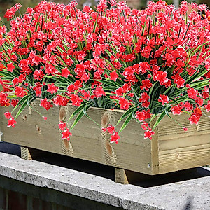 TEMCHY Artificial Outdoor Flowers, 8 Bundles Fake UV Resistant Foliage Greenery Faux Plants Shrubs Plastic Bushes for Indoor Outside Hanging Planter Wedding Farmhouse Decor (Red)