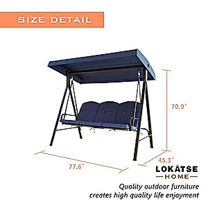 LOKATSE HOME 3-Seats Patio Swing with Adjustable Canopy Weather Resistant Steel Frame Outdoor Porch Converting Deck Furniture, Blue