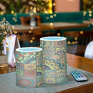 JULYTO Flameless Candles with Remote and Timer Boho Tile Abstract Patchwork Battery Operated Candles Set of 2 Beautiful Flower Flickering Pillar Led Fake Candles for Halloween Christmas Wedding Decor