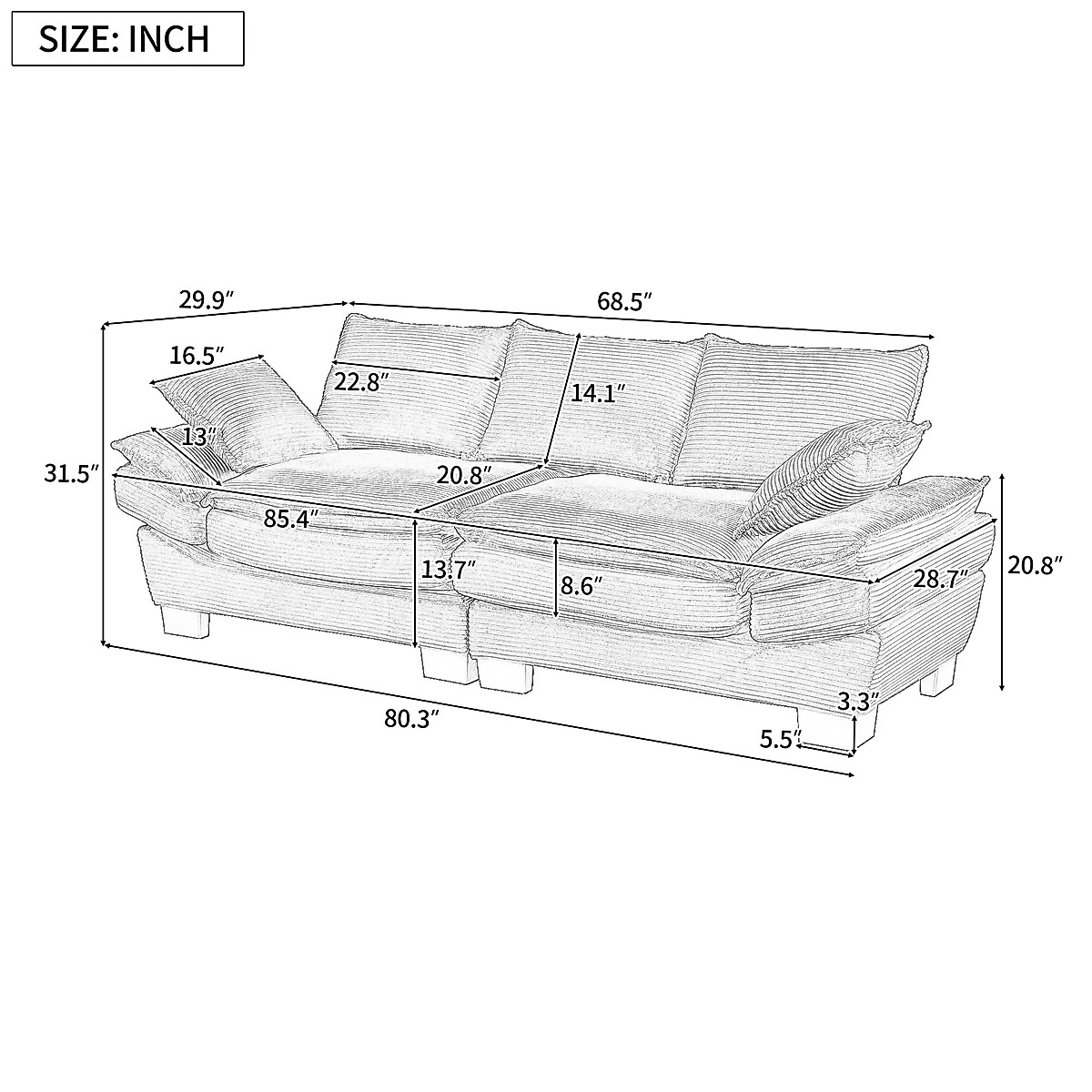 JIJIWANG 85.4" Corduroy Fabric Couch,Modern Curved Sofa with 2 Decorative Throw Pillows,Modern 2-Seat Loveseat Sofa Corduroy Fabric Couch for Small Space Living Room,Bedroom, Apartment,Gray