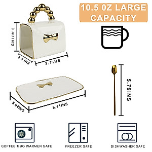 SISETOP Ceramic Handbag Shaped Coffee Mug, 10.5 OZ Creative Cute Mug with Saucer & Spoon, Purse Coffee Mug Set, Novelty Coffee Cup for Women, Girl, Home, Office, Gifts