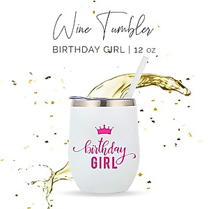 Your Dream Party Shop Powder Coated Stainless Steel 12oz Stemless Wine Glass with Straw and Lid with Print (Birthday Girl)
