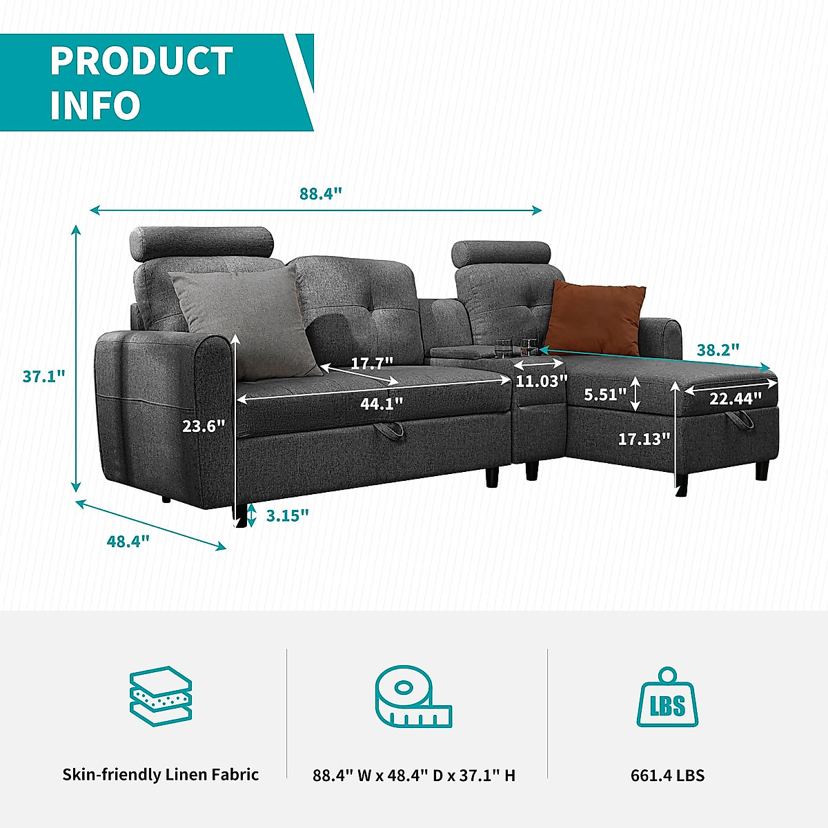 BALUS 88" W Reversible Living Room Sofa, Convertible L-Shaped Combination Sofa with Upholstery, Recliner with Storage, Modern Combination Sofa, belfin Combination Combination Sofa (Dark Grey)