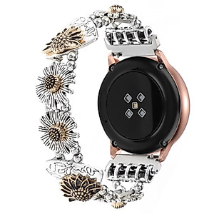 Stretchy Metal Bracelet Bands Compatible with Samsung Galaxy Watch Active 2 bands 40mm 44mm/Active 40mm/Galaxy Watch 3 41mm/42mm/Gear S2/Galaxy Watch 5 4 20mm Women Fancy Elastic Sunflower Strap (Medium, Silver Gold Flower)