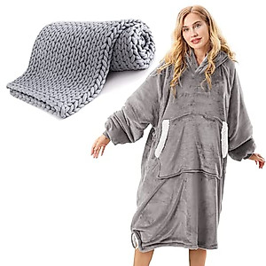 Uttermara Knit Weighted Blanket 15 Pounds 48x72 Inches, Weighted Blankets Knitted, Grey + Blanket Hoodie Women and Men with Giant Front Pocket Elastic Sleeve, Gray