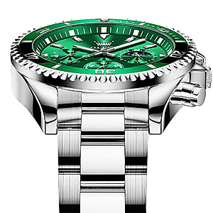 OLEVS Mens Watches Green Chronograph Luxury Dress Moon Phase Quartz Stainless Steel Waterproof Luminous Business Calendar Wrist Watch
