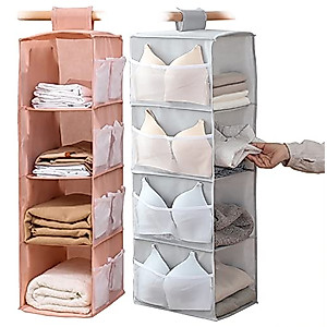 AARAINBOW 2 Packs Hanging Closet Organizer with 4 Shelf Wardrobe Clothes Organizer with 12 Side Pockets, Collapsible Hanging Storage for Sweater Pants Bra Socks (Gray Pink)