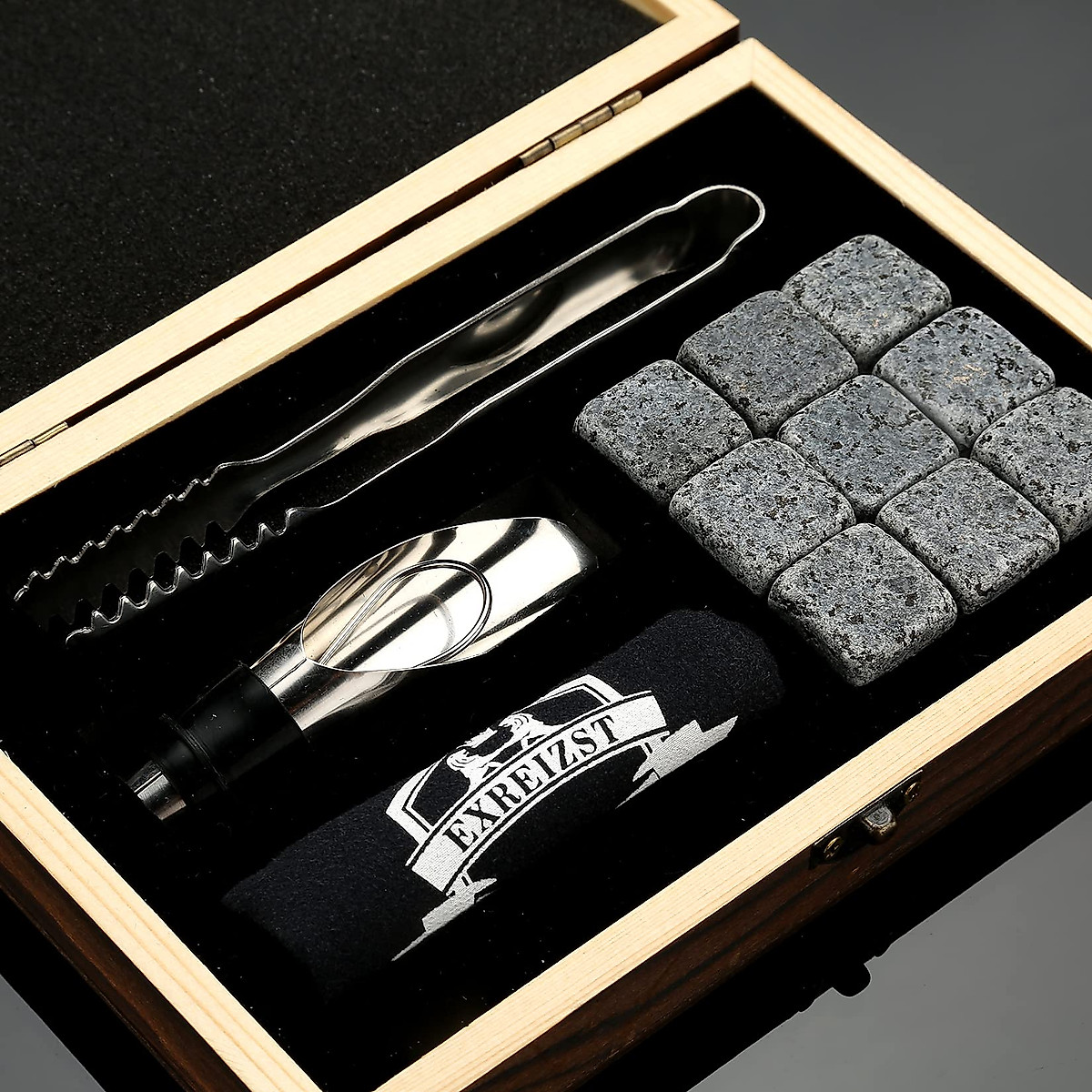 Whiskey Stones Gifts Set - 9 Granite Chilling Stones Whisky Rocks - Reusable Ice Cubes with Tongs Stopper, for Men Dad Party Birthday Anniversary Holiday Father's Day Present