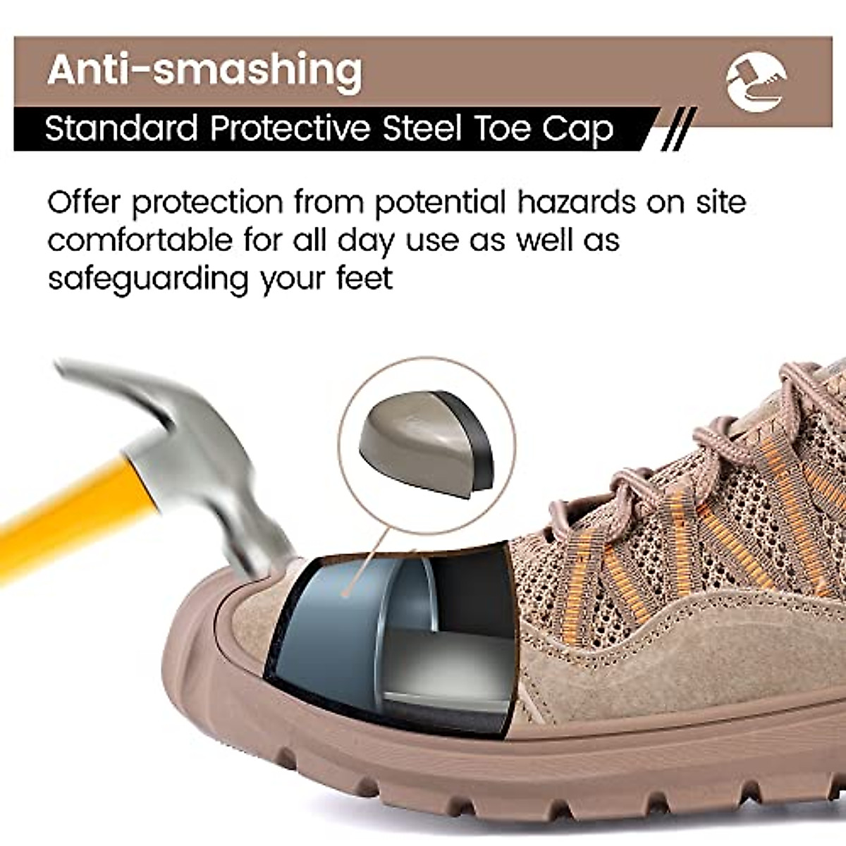 DINGGU Steel Toe Shoes for Men, Slip-on Breathable Safety Shoes, Brown, 9.5