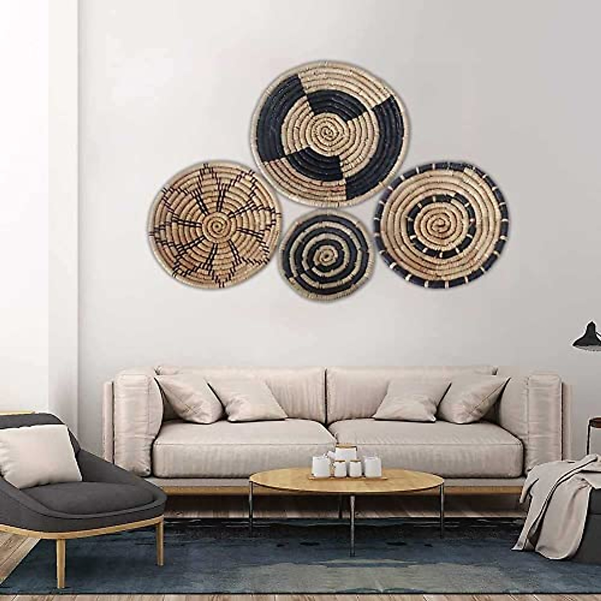 FORVE Hanging Woven Wall Basket Decor Set of 4, Handwoven Round Seagrass Baskets Wall Decor, Handmade Decorative Tray and Baskets with a Hook On The Back, Perfect for Living Room Unique Wall Art
