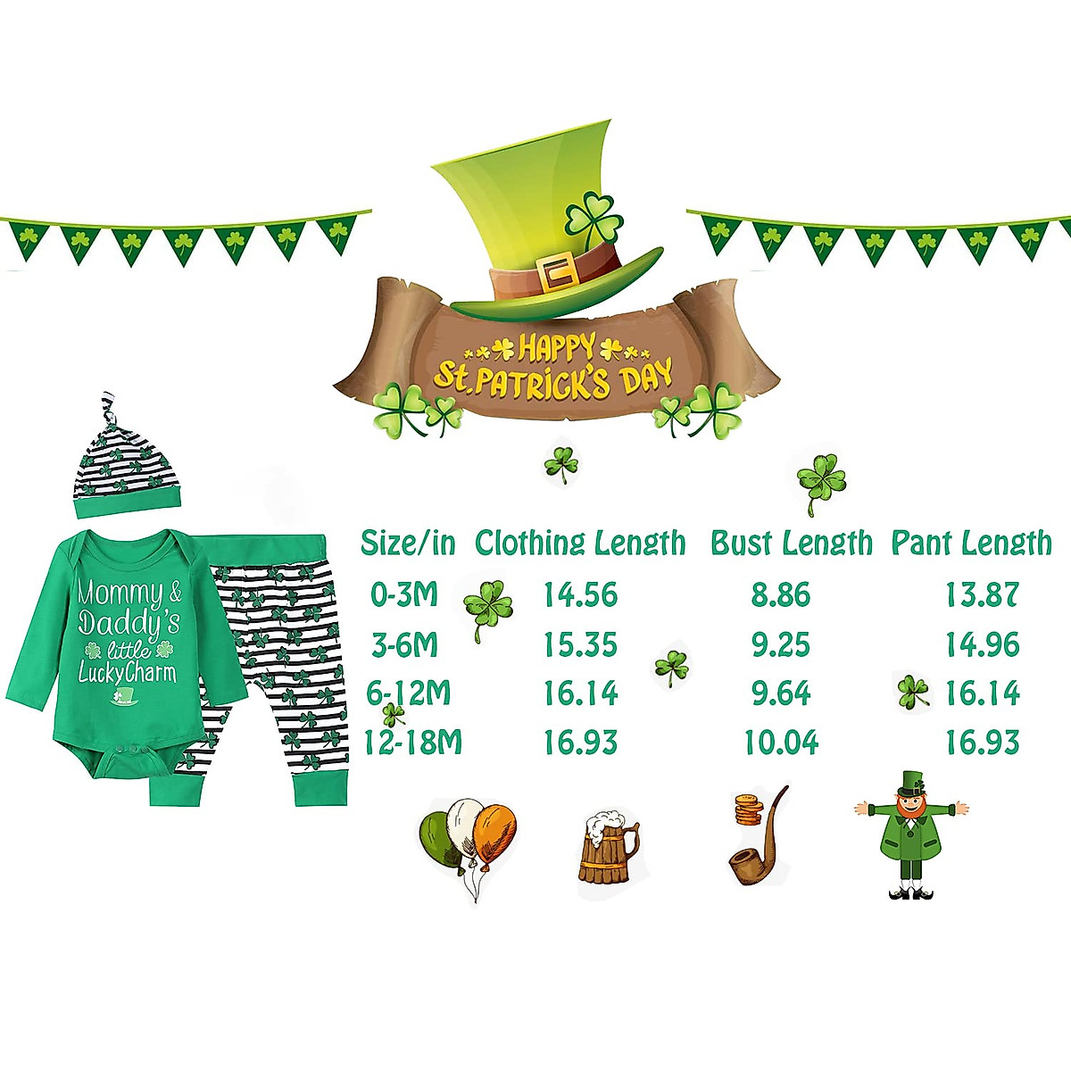 Baby Boys Girls Outfit Set St Patrick's Day Long Sleeve Clothes Bodysuit (Green, 3-6 Months)