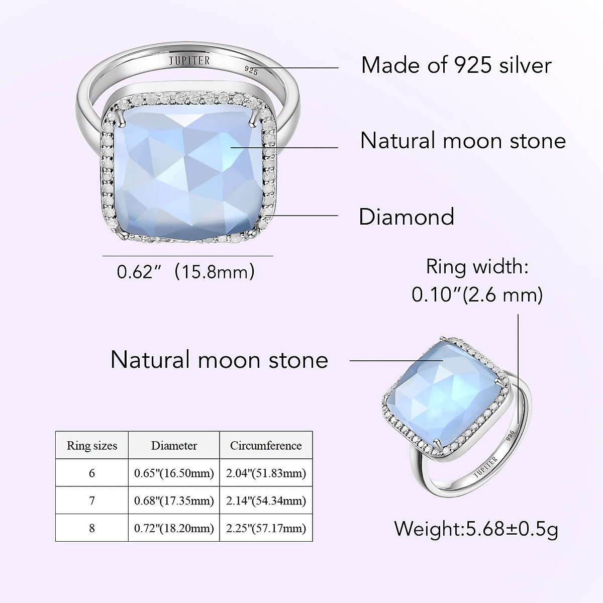 Jupiter 925 Sterling Silver Natural Moonstone Ring with Diamond Square Gemstone Ring Jewelry Gifts for Women (13x13mm Moonstone, Ring Size 6)