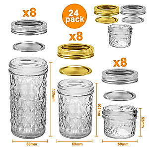 Mason Jars Canning Jars, 24 Pack Jelly Jars With Regular Lids, Ideal for Jam, Honey, Wedding / Shower Favors, DIY Magnetic Spice Jars - 4 OZ x 8, 8 OZ x 8, 12 OZ x 8 (4oz -8oz-12oz)