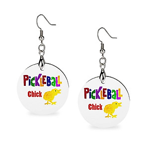 Funny Pickleball Chick Art Wooden Earrings Round Pendant Retro Dangle for Women Earrings Jewelry Craft Project