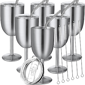 Photect 6 Pack Stemmed Stainless Steel Wine Glasses with Lid 10 oz Double Wall Insulated Wine Tumbler Unbreakable Goblets with Drinking Straw and Straw Brush for Wedding Valentine's Day Party