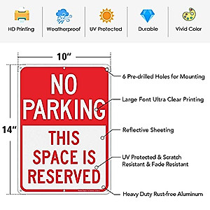 Faittoo No Parking This Space Is Reserved Sign, 2-Pack 14 x 10 Inch Reflective Aluminum Sign, UV Protected and Weatherproof, Durable Ink, Easy to Install and Read, Indoor/ Outdoors Use