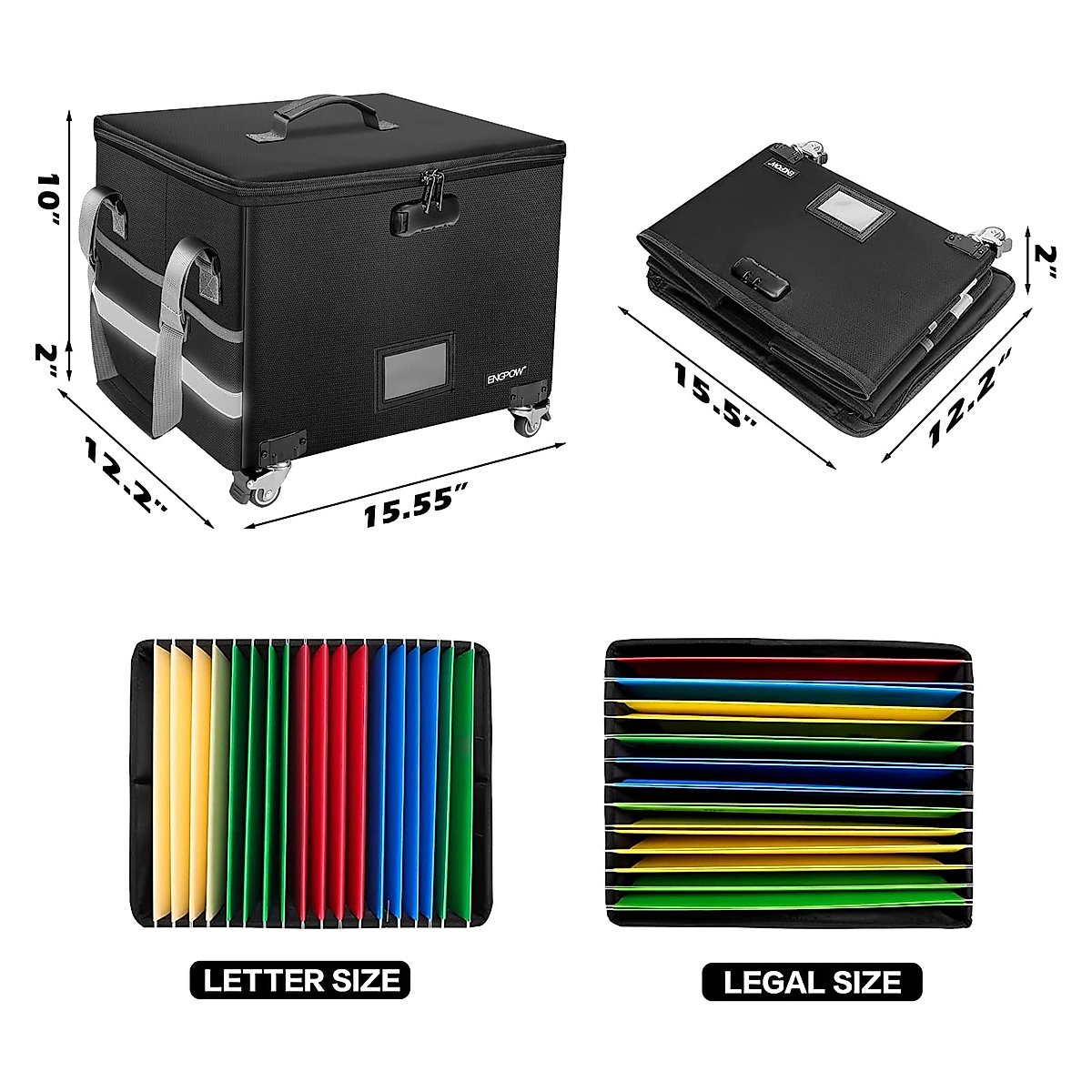 ENGPOW Fireproof Document Box with Wheels, Collapsible File Box with Lock, Rolling File Storage Organizer Filing Cabinet with Pockets, Portable Home Office Safe for Hanging Letter/Legal Folder