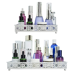 Tricune 2Pcs Perfume Tray - Bathroom Vanity Tray - Mirror Tray - Set of 2 Decorative Perfume for Dresser Jewelry Organizer Makeup Glass Tray 12.5 X 6.3 + 9.5 X 5 Inch Silver