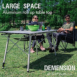 PORTAL Portable Camping Table Aluminum Folding Camp Table Roll Up Table with 1 Adjustable Leg, Mesh Layer and Carry Bag for Outdoor, Picnic, Grill, Kitchen, Silver, Large Space (47.2 x 27.6 inch)